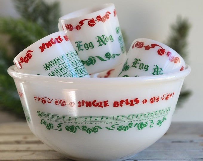 Vintage Hazel Atlas Jingle Bells Milk Glass Egg Nog 7 Piece Set - Etsy