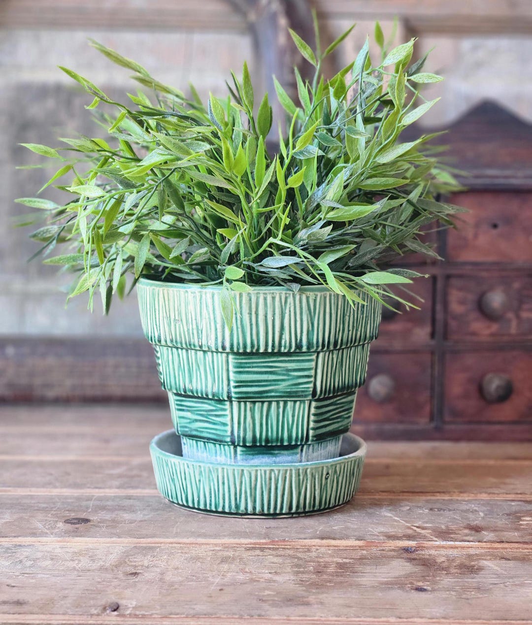 Mccoy Pottery Green Basket Weave Planter With Attached Saucer Vintage ...