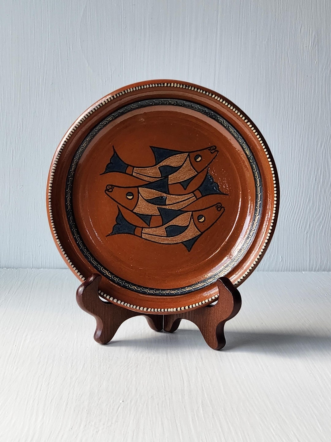 Mexican Redware Pottery Decorative Plate Hand Painted Fish Folk Art ...