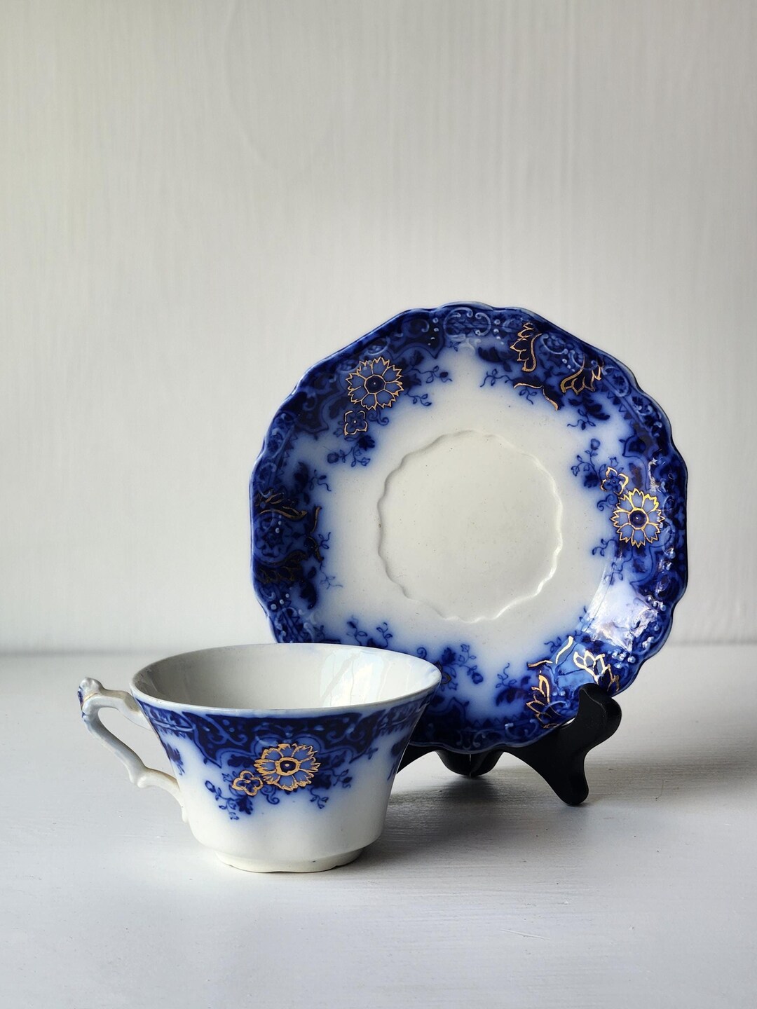 Antique Flow Blue Tea Cup and Saucer Brooklyn Johnson Brothers With ...