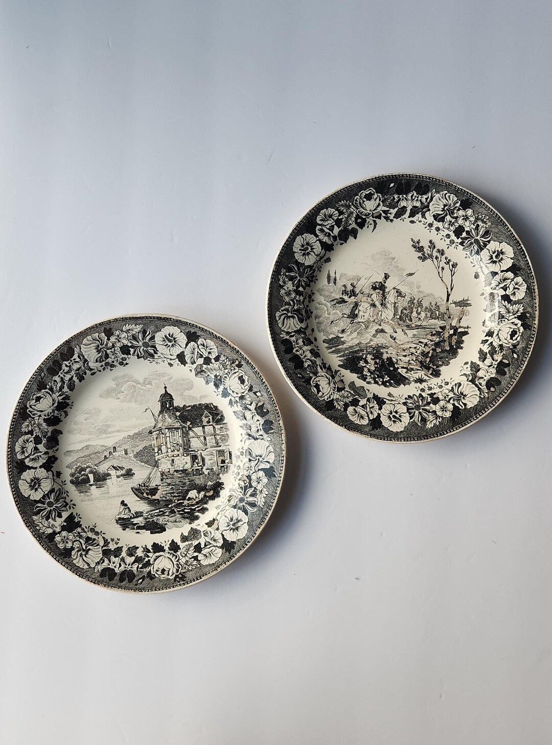 RARE Antique Zell German Earthenware Pottery Plates Black Transferware ...