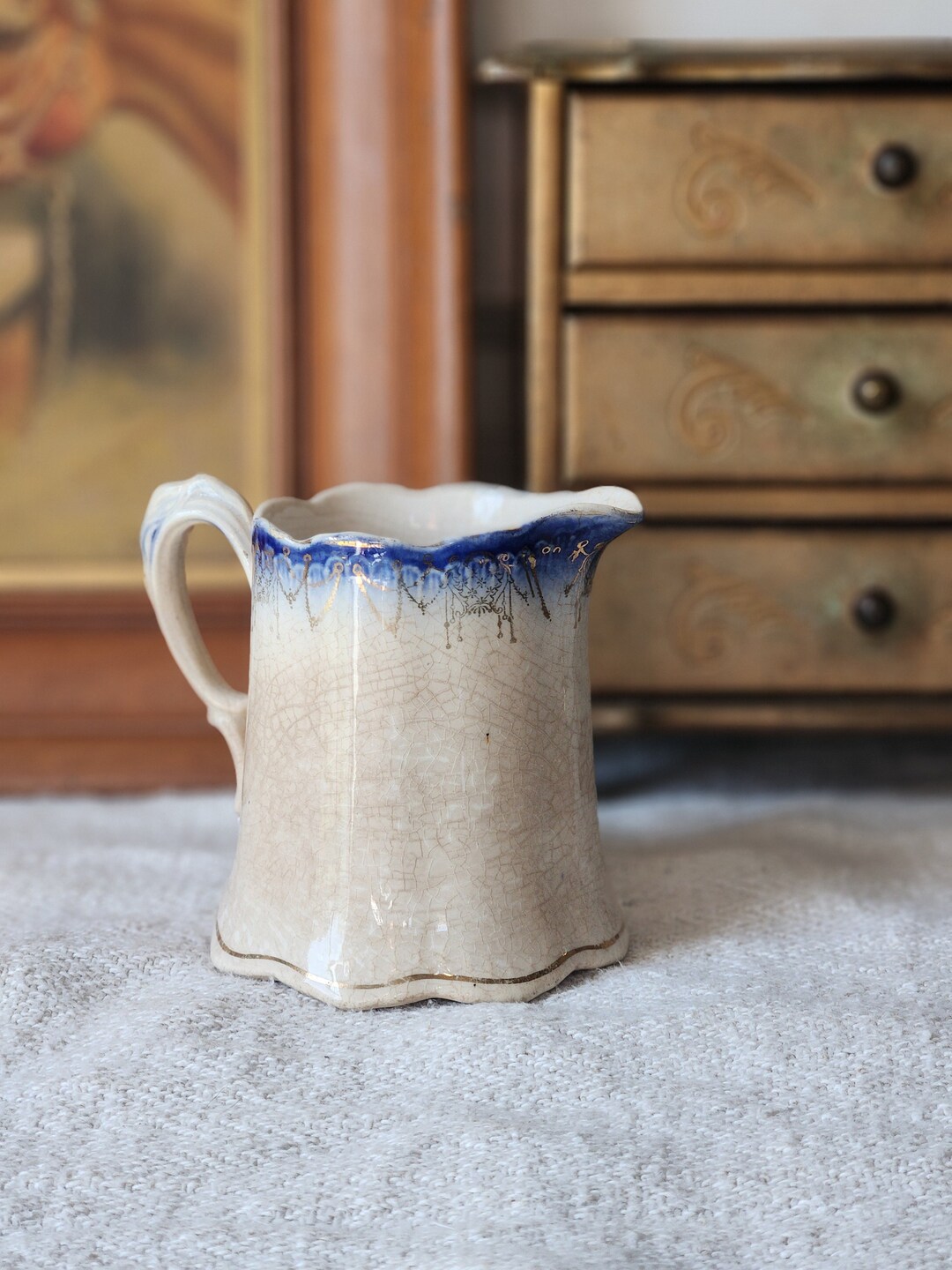 Flow Blue Antique Ironstone Creamer With Scalloped Edges and Gold Gilt ...