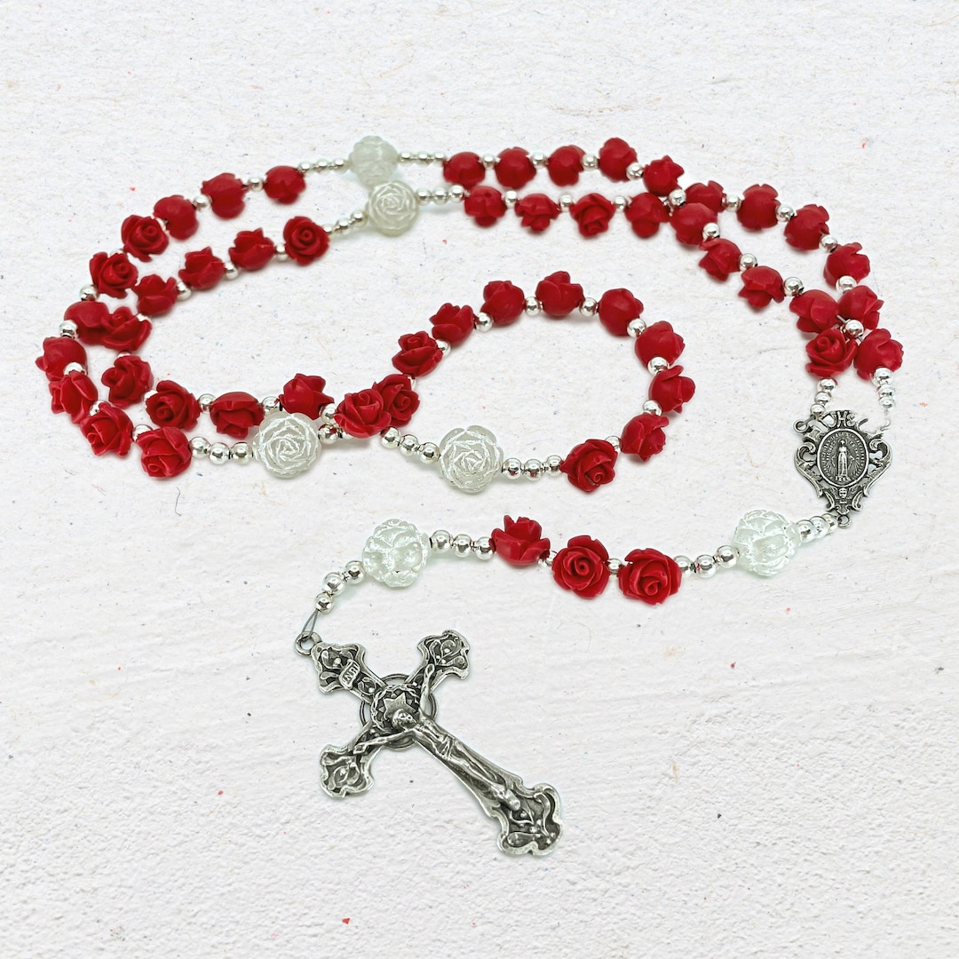 Crown of Roses Catholic Rosary With Carved Red Cinnabar or Pink Shell ...