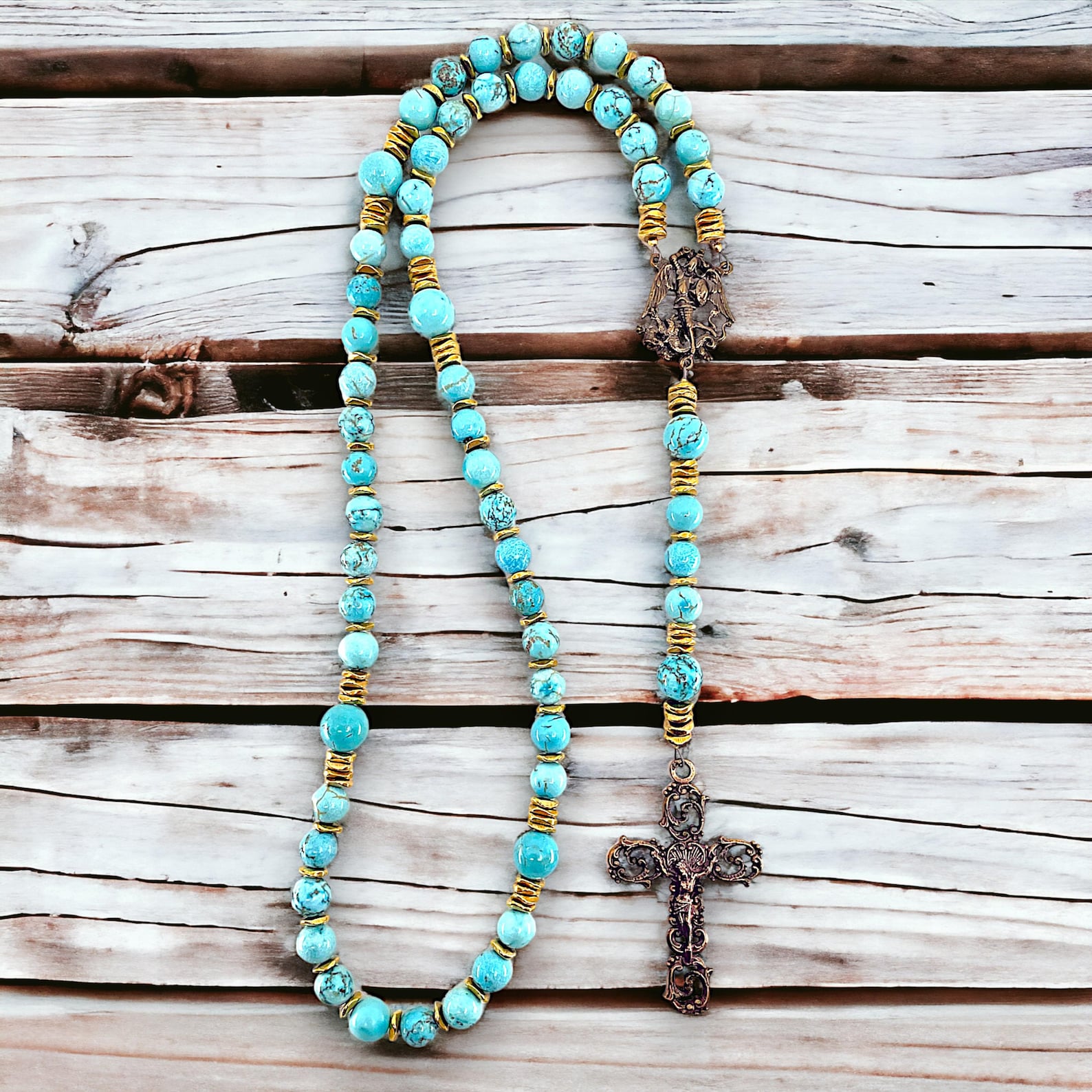 River of God Rosary With Natural Turquoise Beads and Hand-cast Sterling ...
