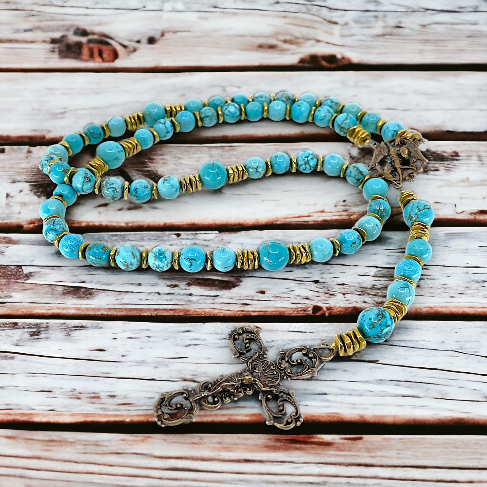 River of God Rosary With Natural Turquoise Beads and Hand-cast Sterling ...