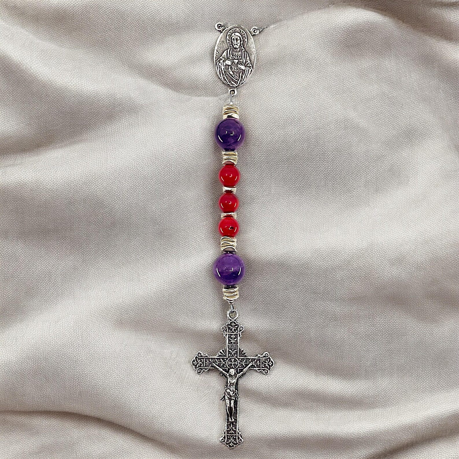 Sacred Heart Rosary With Natural Red Coral and Amethyst Beads, Sterling ...