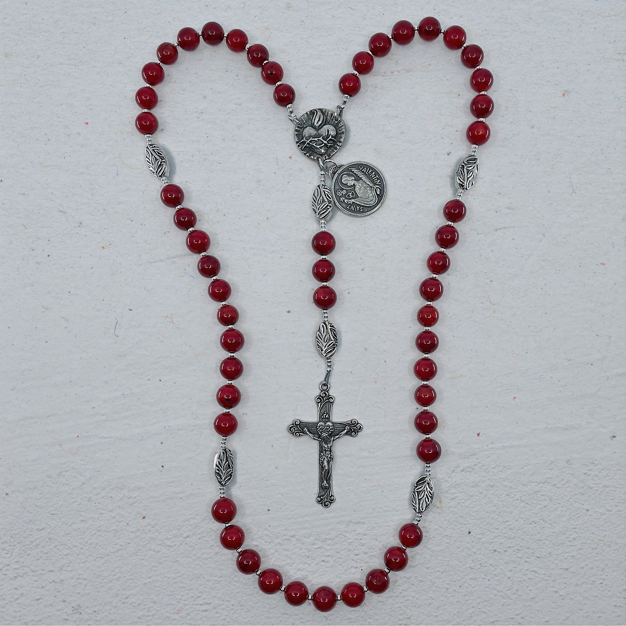 St. Valentine, Sacred Heart Rosary With Red Coral Beads and Engraved ...