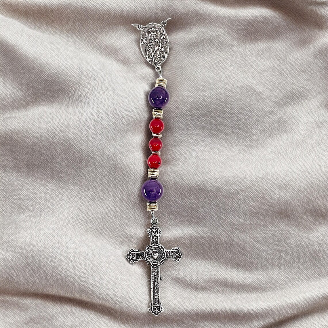 Sacred Heart Rosary With Natural Red Coral and Amethyst Beads, Sterling ...