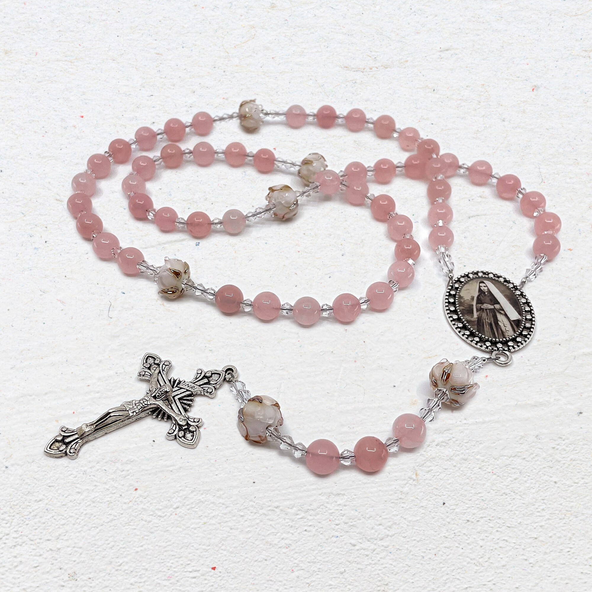 Song of Bernadette Rosary, Rose Quartz or Pearl Beads, Lampwork Glass ...