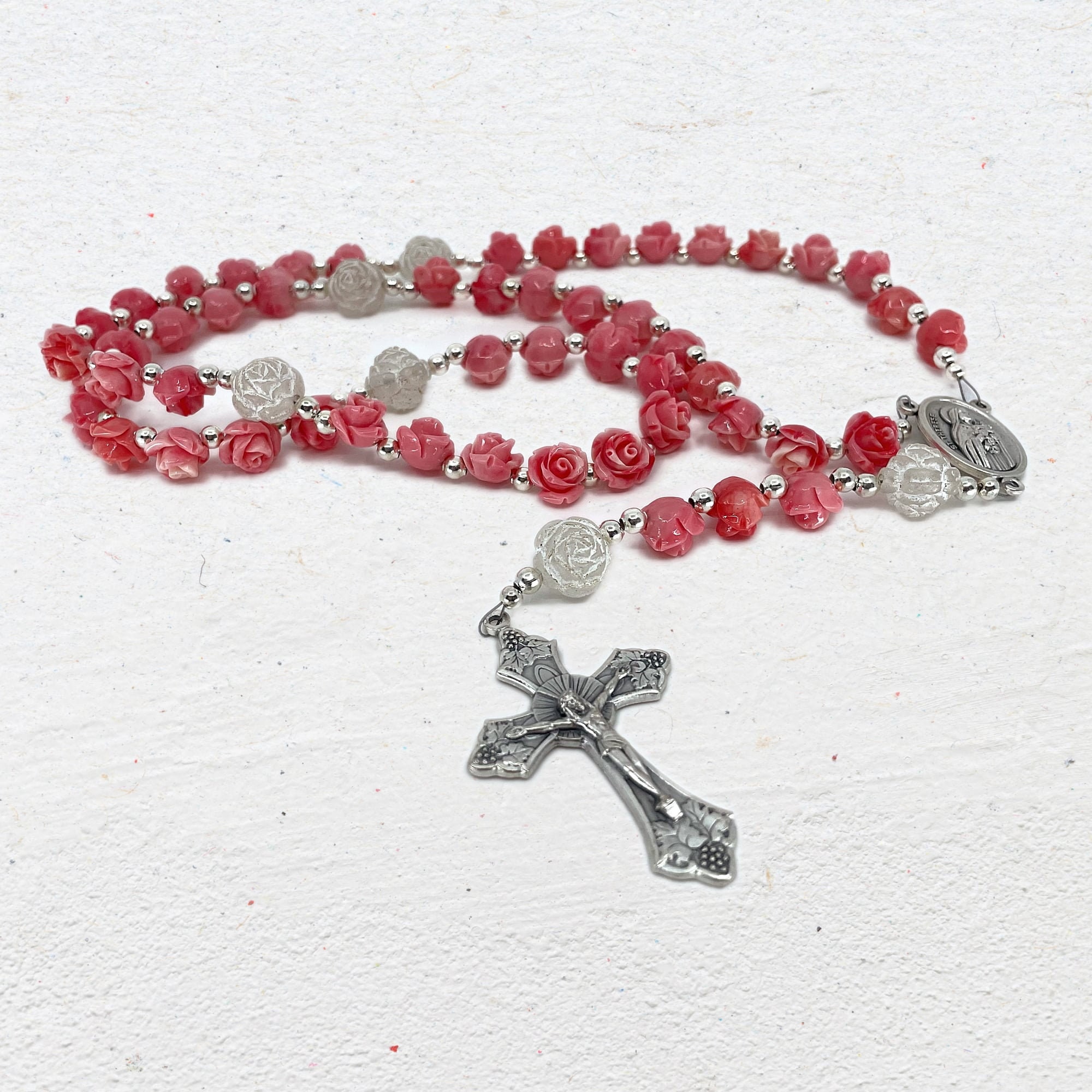 Crown of Roses Catholic Rosary With Carved Red Cinnabar or Pink Shell ...