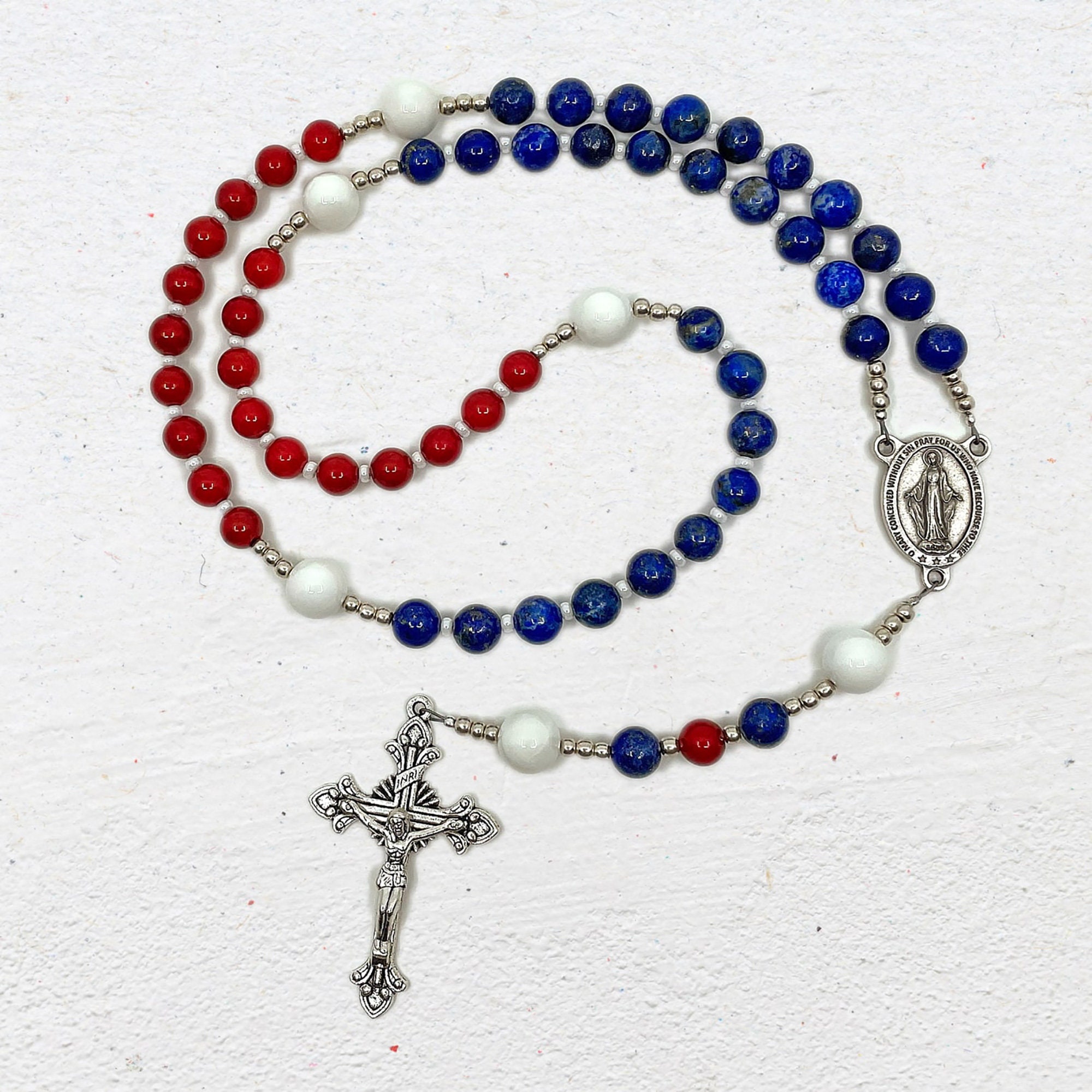 American Rosary, Patriotic Mix of Red Coral, White Shell, and Blue ...