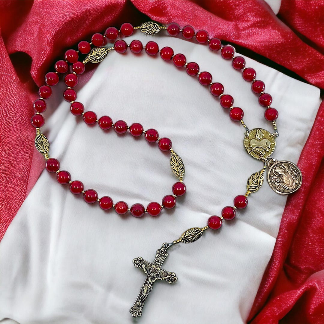 St. Valentine, Sacred Heart Rosary With Red Coral Beads and Engraved ...