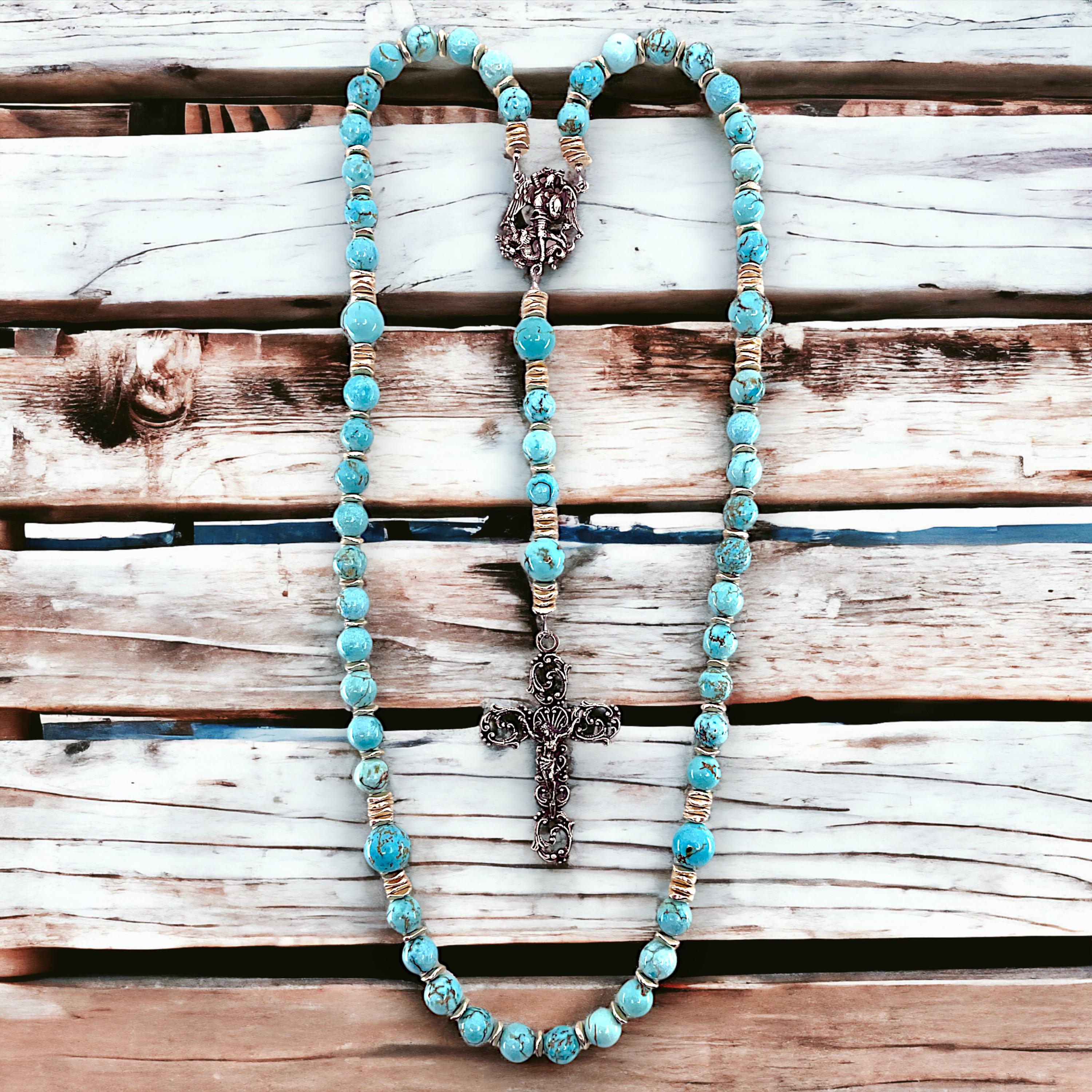 River of God Rosary With Natural Turquoise Beads and Hand-cast Sterling ...