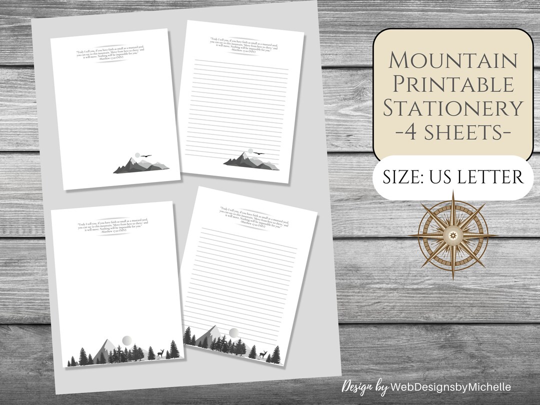 Printable Stationery Paper Mountain, Writing Paper Set of 4, Religious ...