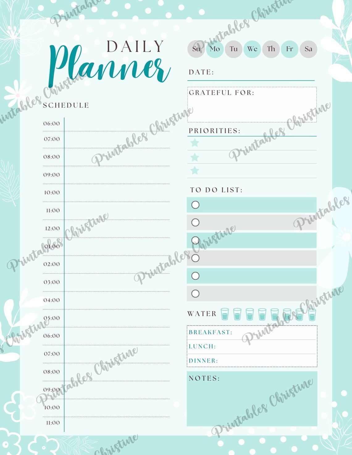 Teal Flower Daily Planner Printable - Etsy