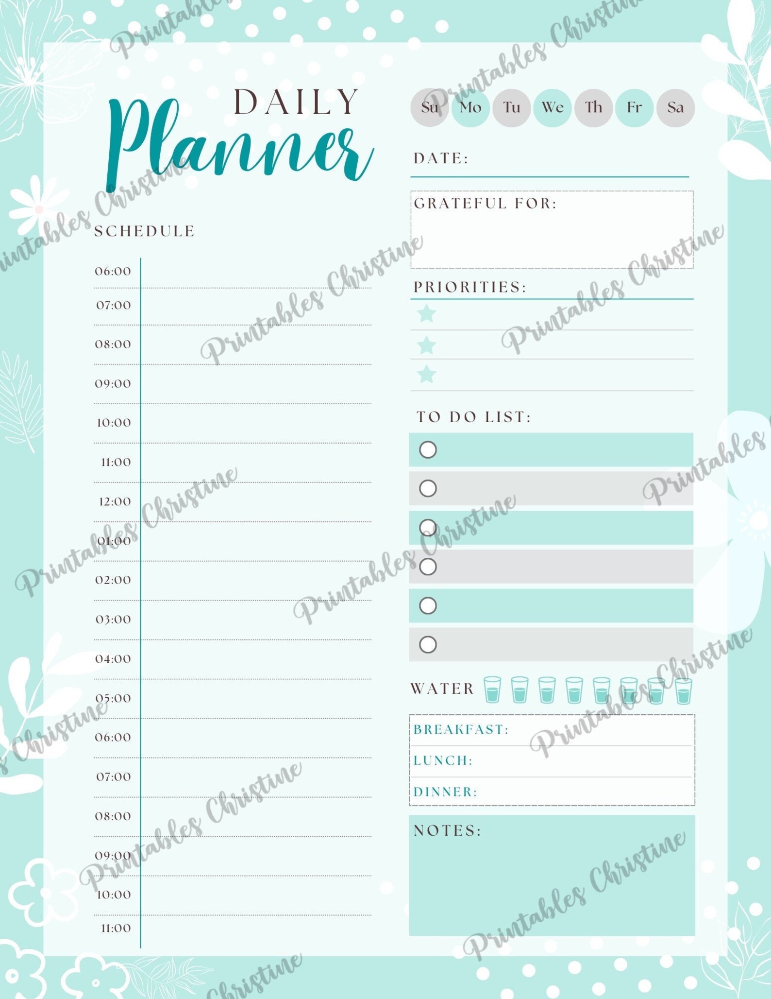 Teal Flower Daily Planner Printable - Etsy