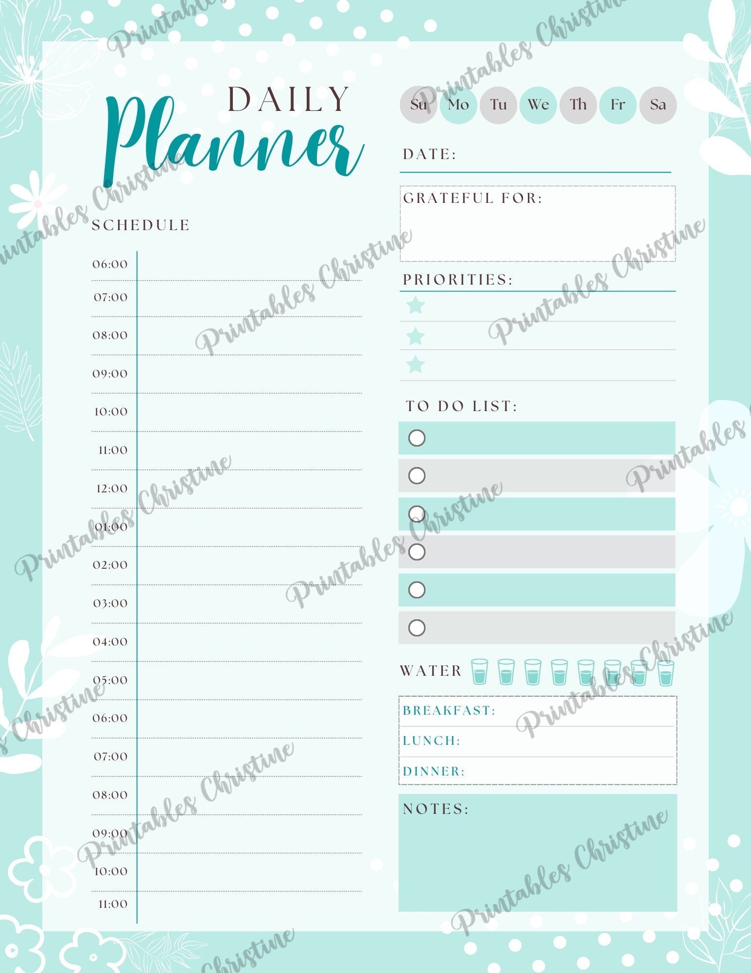 Teal Flower Daily Planner Printable - Etsy