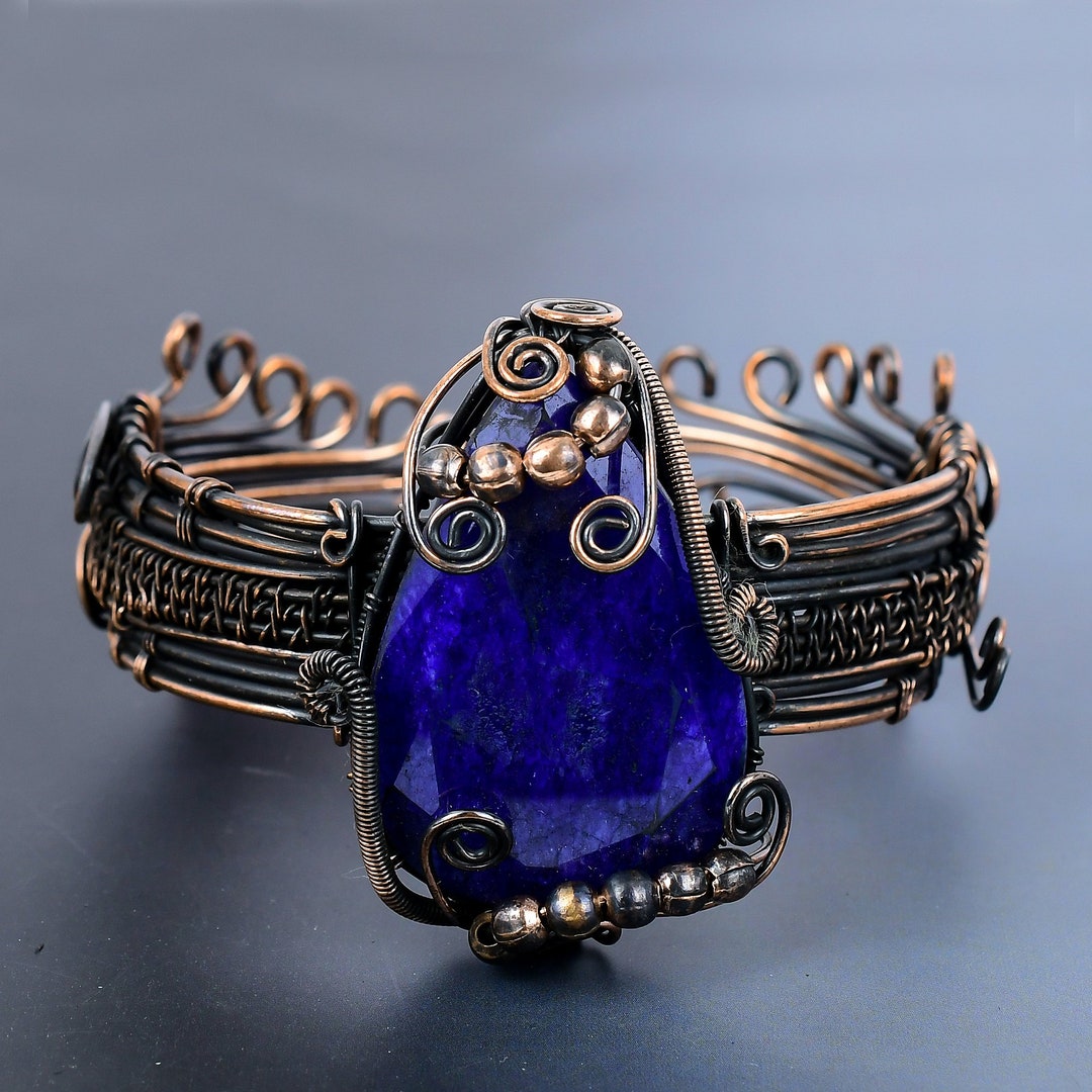 Burmese Blue Sapphire Copper Cuff Bracelet Blue Sapphire Bracelet Wire ...