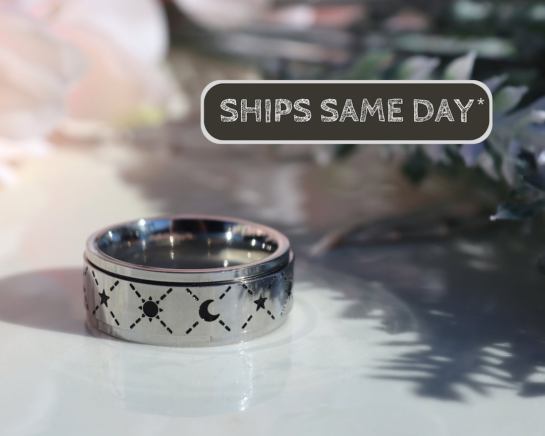 Moon and Stars Fidget Ring, Silver Moon Spinner Ring, Anxiety Ring ...
