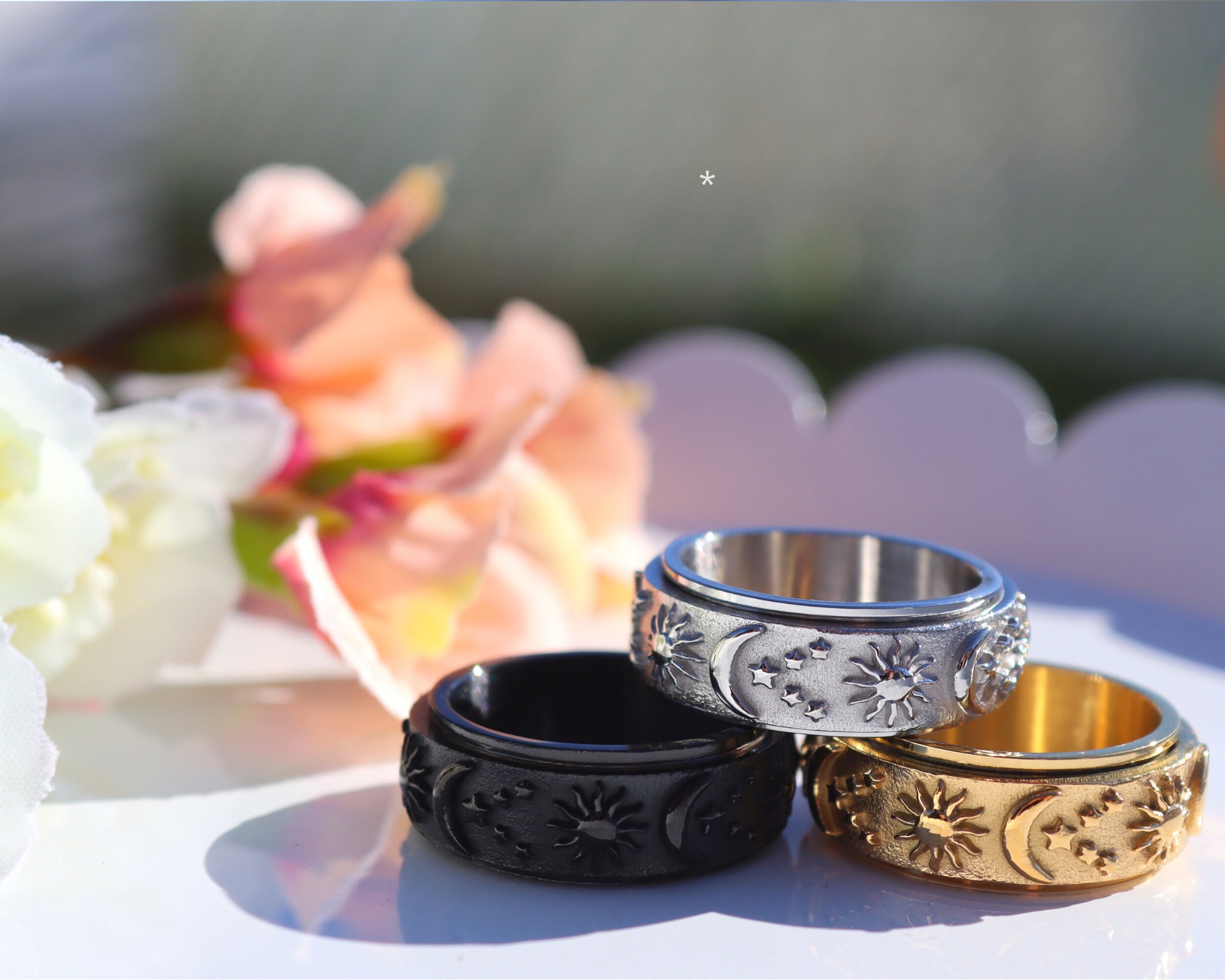Fidget Sun and Moon Ring, Anxiety Ring, Moon Spinner Ring, Anti Stress ...