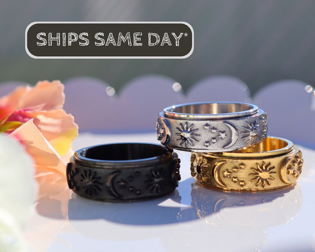Fidget Sun and Moon Ring, Anxiety Ring, Moon Spinner Ring, Anti Stress ...