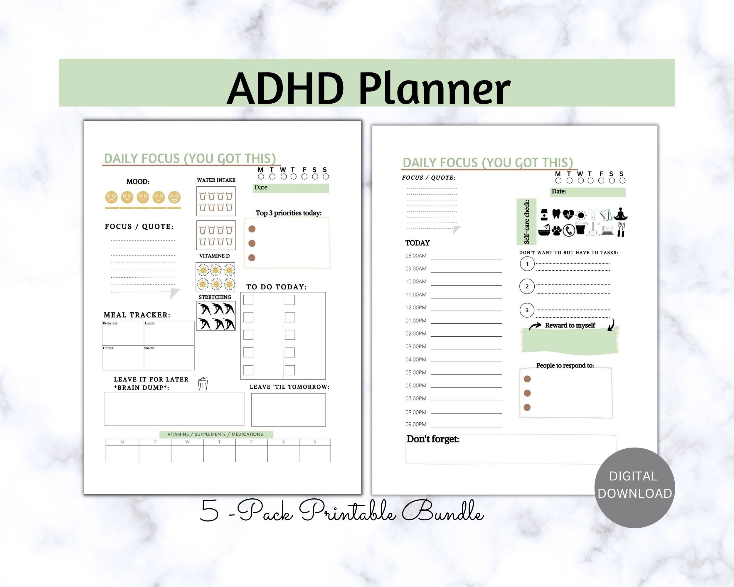 ADHD Planner, Check-list, Printable, Organizer, Self-care, Growth ...