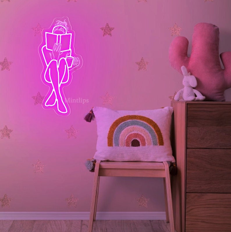 Woman Reading Books Neon Sign, Reading Led Sign, Wall Decor, Books Neon ...
