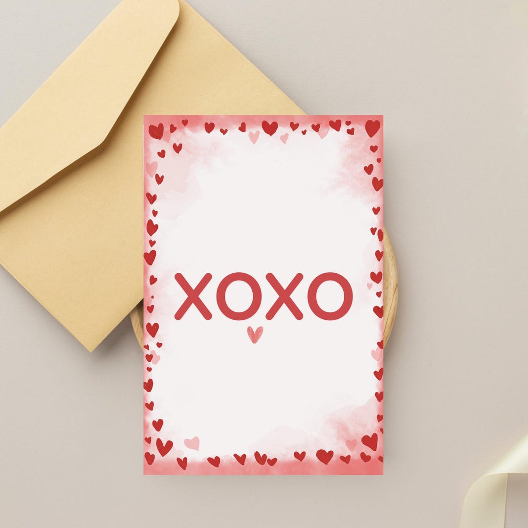 Printable Valentine’s Day XOXO Card | Red Heart Border | 4x6 Folded ...