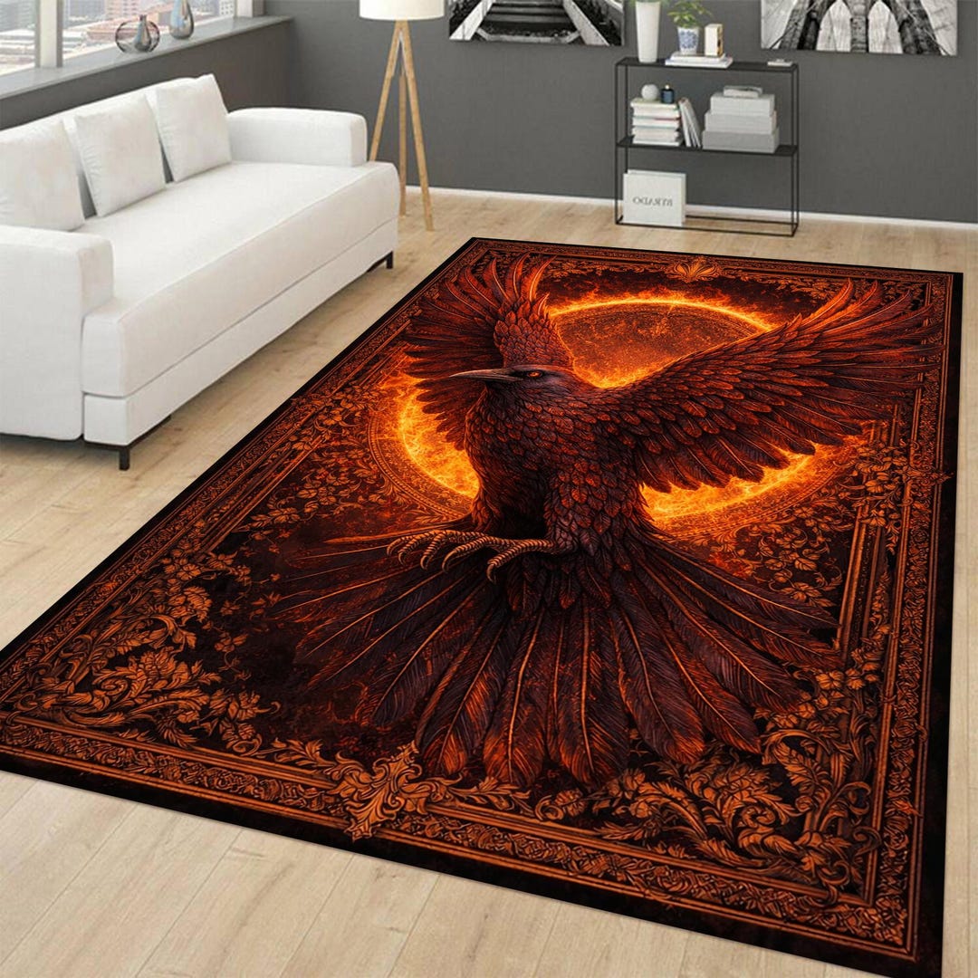 Tapis corbeau enflammé, oeuvre d'art gothique corbeau, impression d ...