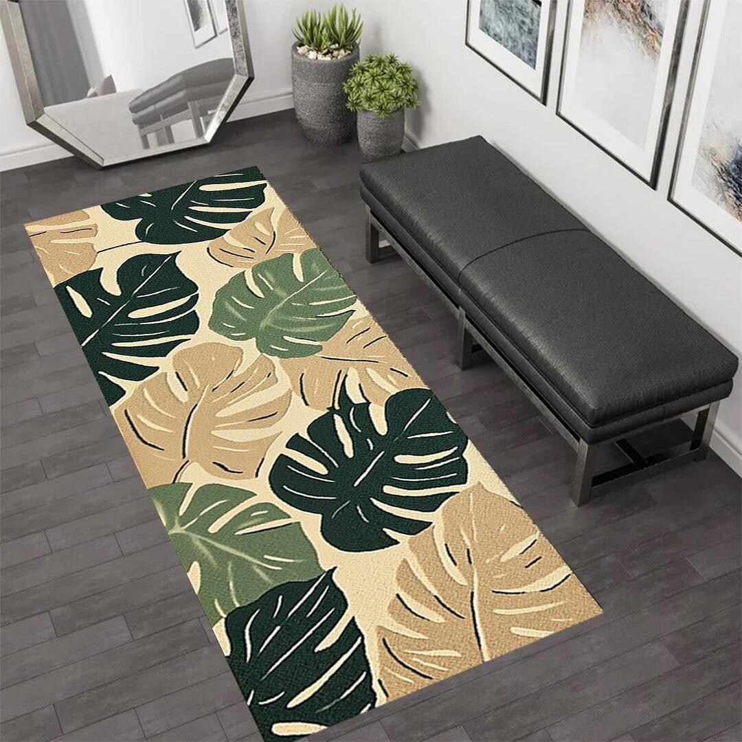 Botanical Plant Rug: Beige & Green Leaves Design - Etsy
