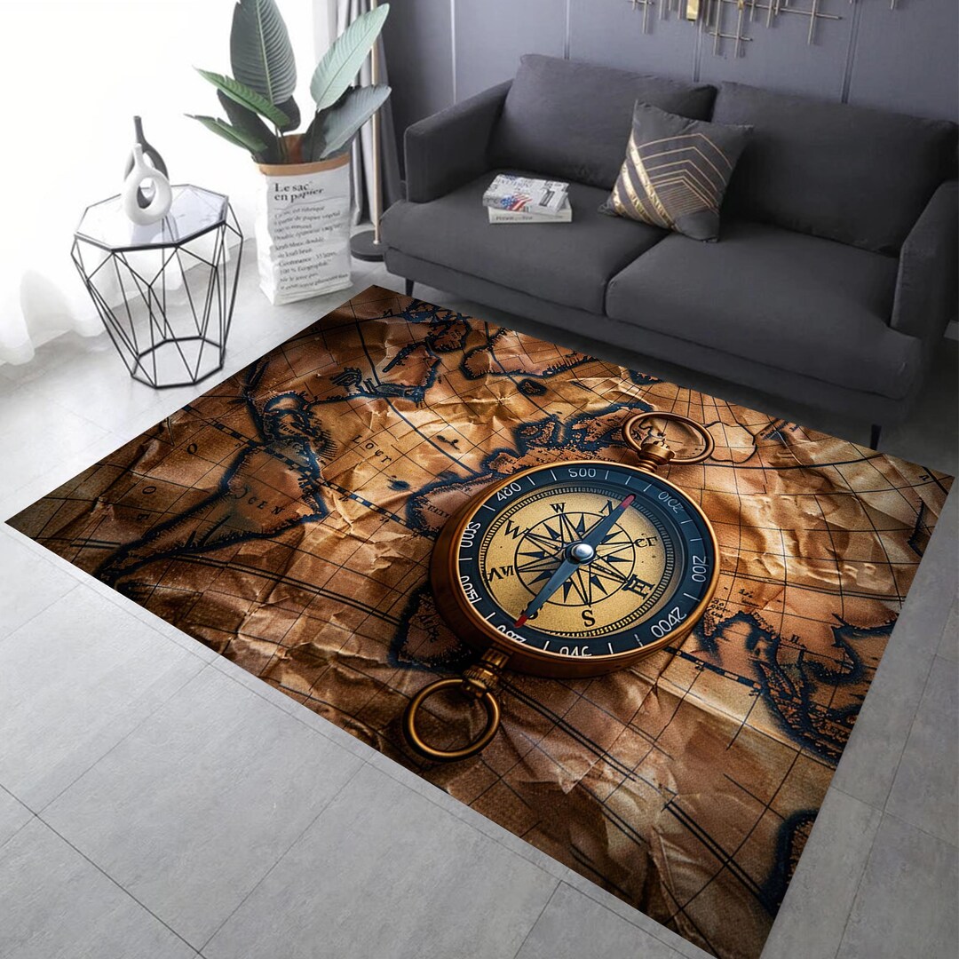 Compass Design Rug, Vintage Style Map Rug, Ancient Compass Rug, Compass ...
