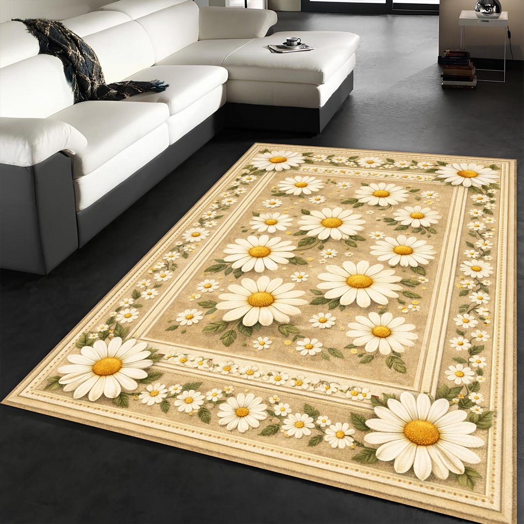 Daisy Flower Garden Rug, Vintage Floral Daisy Pattern Rug, Spring ...