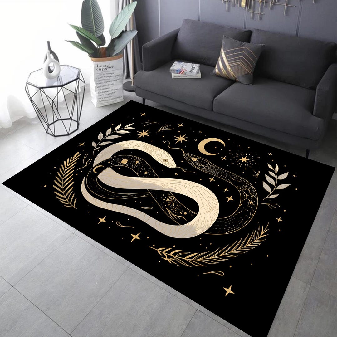 Snake Rug, White and Black Snake Rug, Crescent Moon Rug, Leaves Rug ...