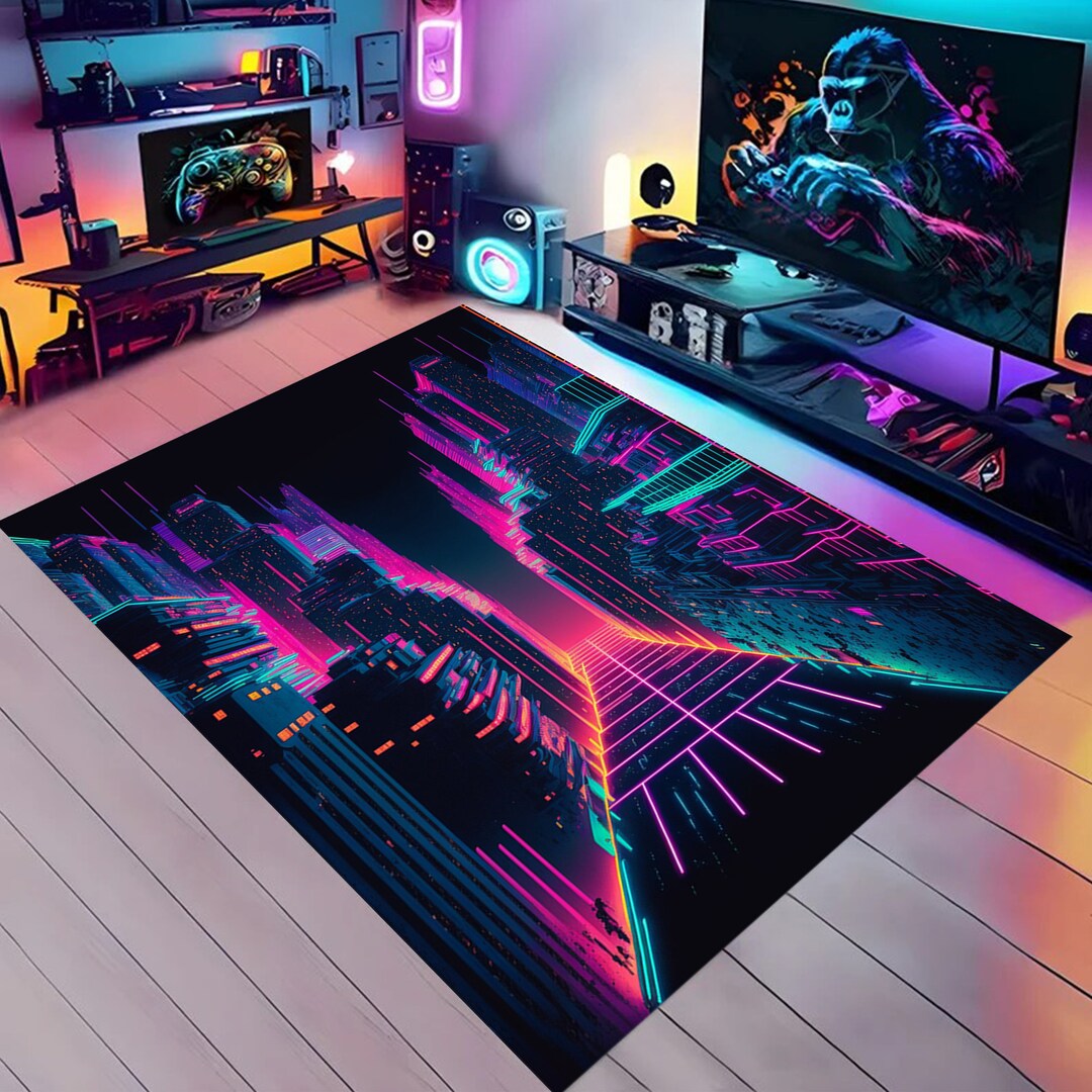 Neon Rug, Neon City,city Pattern Rug, Color City Rug, Night City Light ...