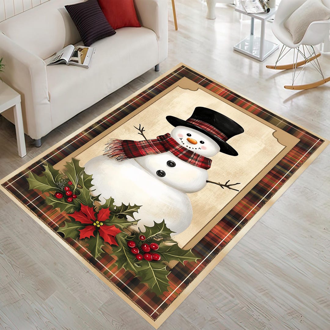 Snowman Rug, Snowman Decor Rug, Winter Area Rug, Poinsettia Design Rug ...