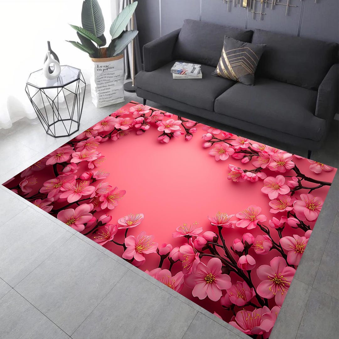 Pink Cherry Blossom, Pink Flowers Rug, 3D Look Cherry Blossom Rug ...