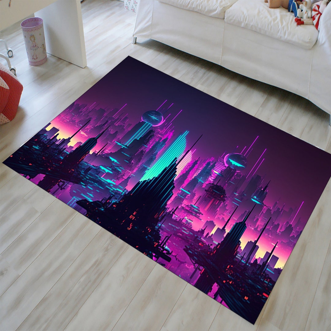 Neon Rug, Neon City,city Pattern Rug, Color City Rug, Night City Light ...