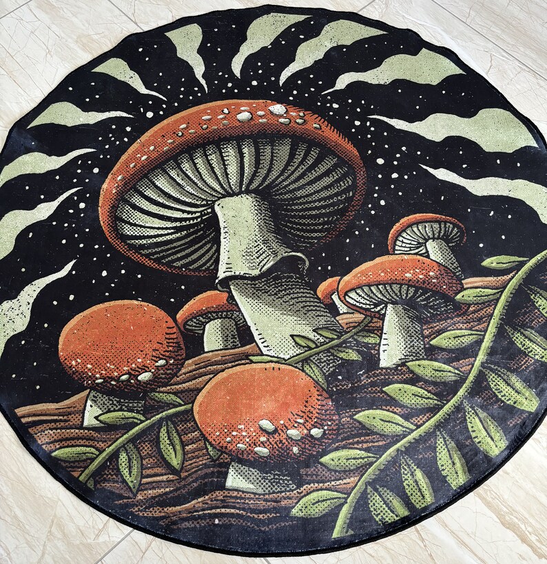Mushroom Pattern Round Rug: Bohemian Decor, Non-slip - Etsy