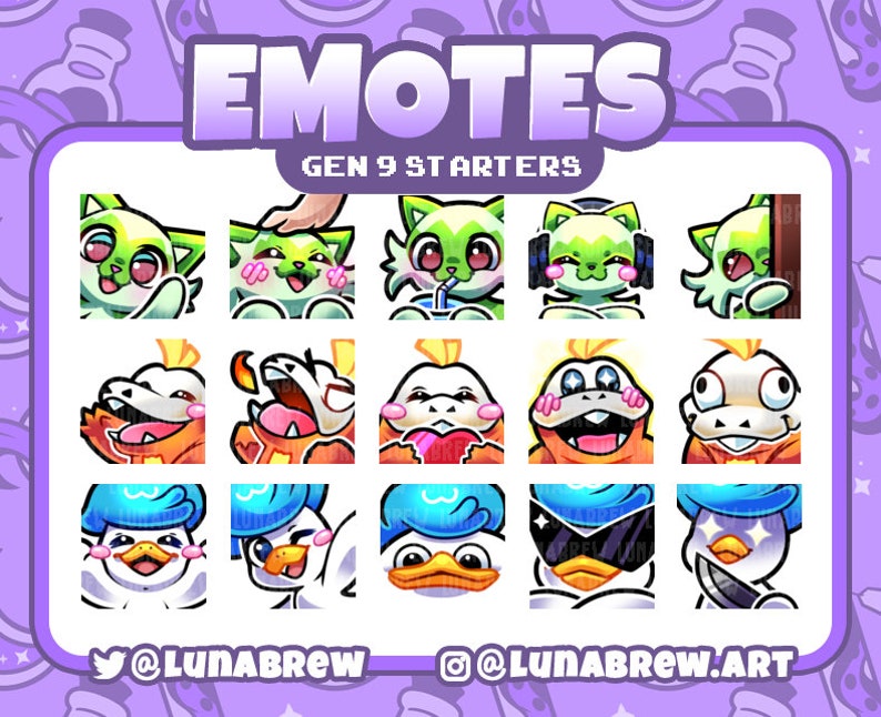 Twitch Emotes - Gen 9 Starters Mega Pack (15) Sprigatito, Fuecoco and ...