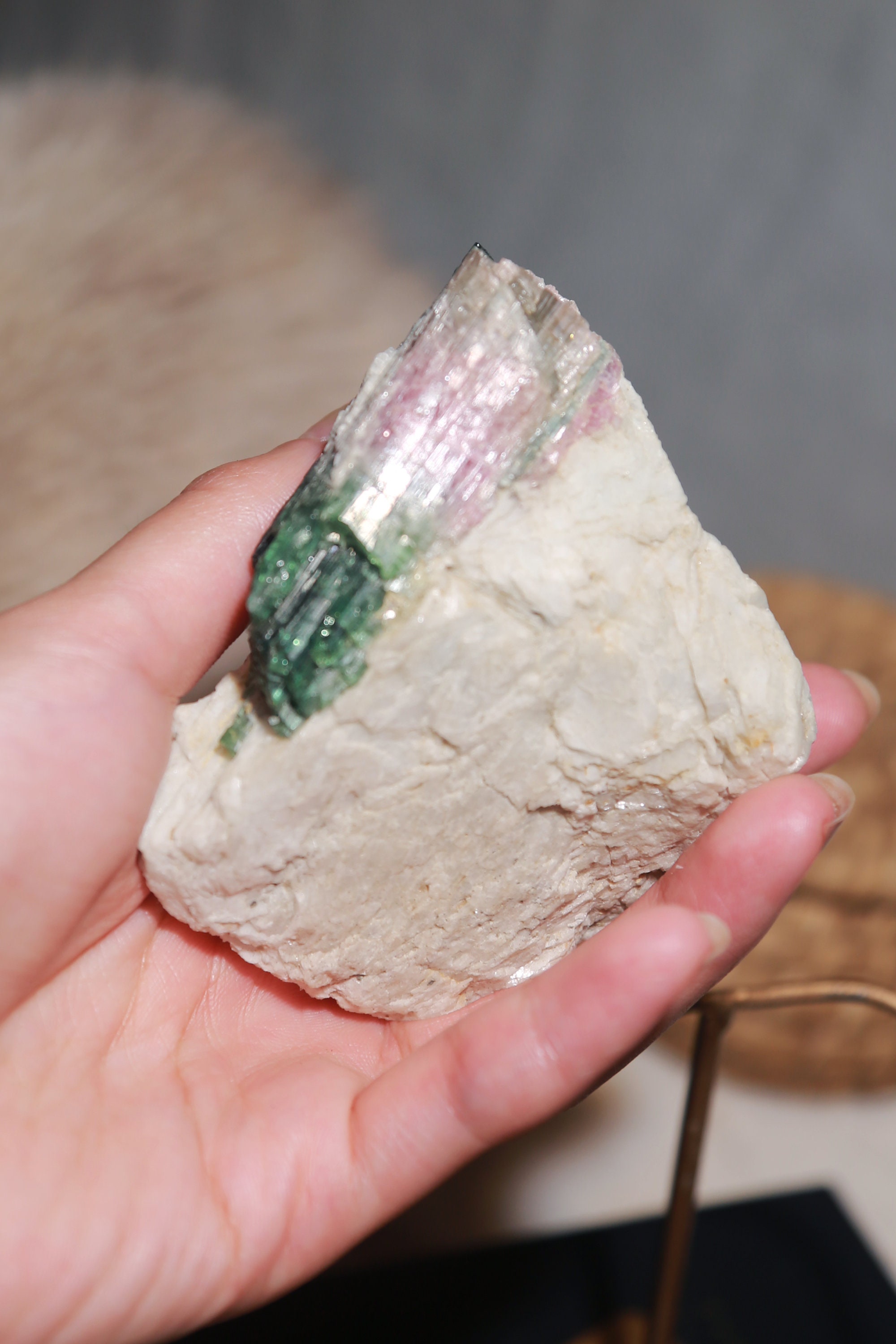 Tri-coloured Raw Tourmaline Matrix Specimen on Golden Stand, Blue, Pink ...