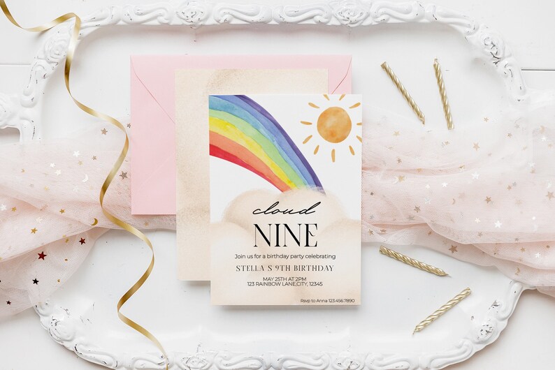 Editable Cloud 9 Birthday Invitation Cloud Nine Rainbow - Etsy