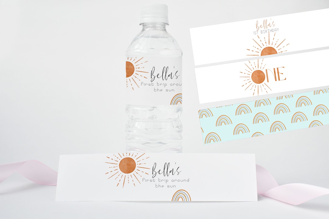 Boho Sun Rainbow Water Bottle Labels Sunshine Birthday Baby Shower Here ...