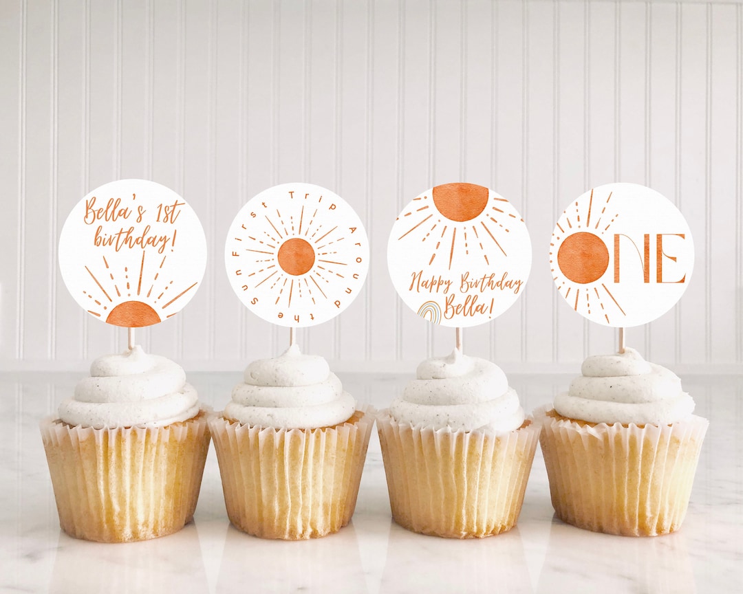 EDITABLE Photo Sun Birthday Cupcake Toppers, First Trip Around the Sun ...