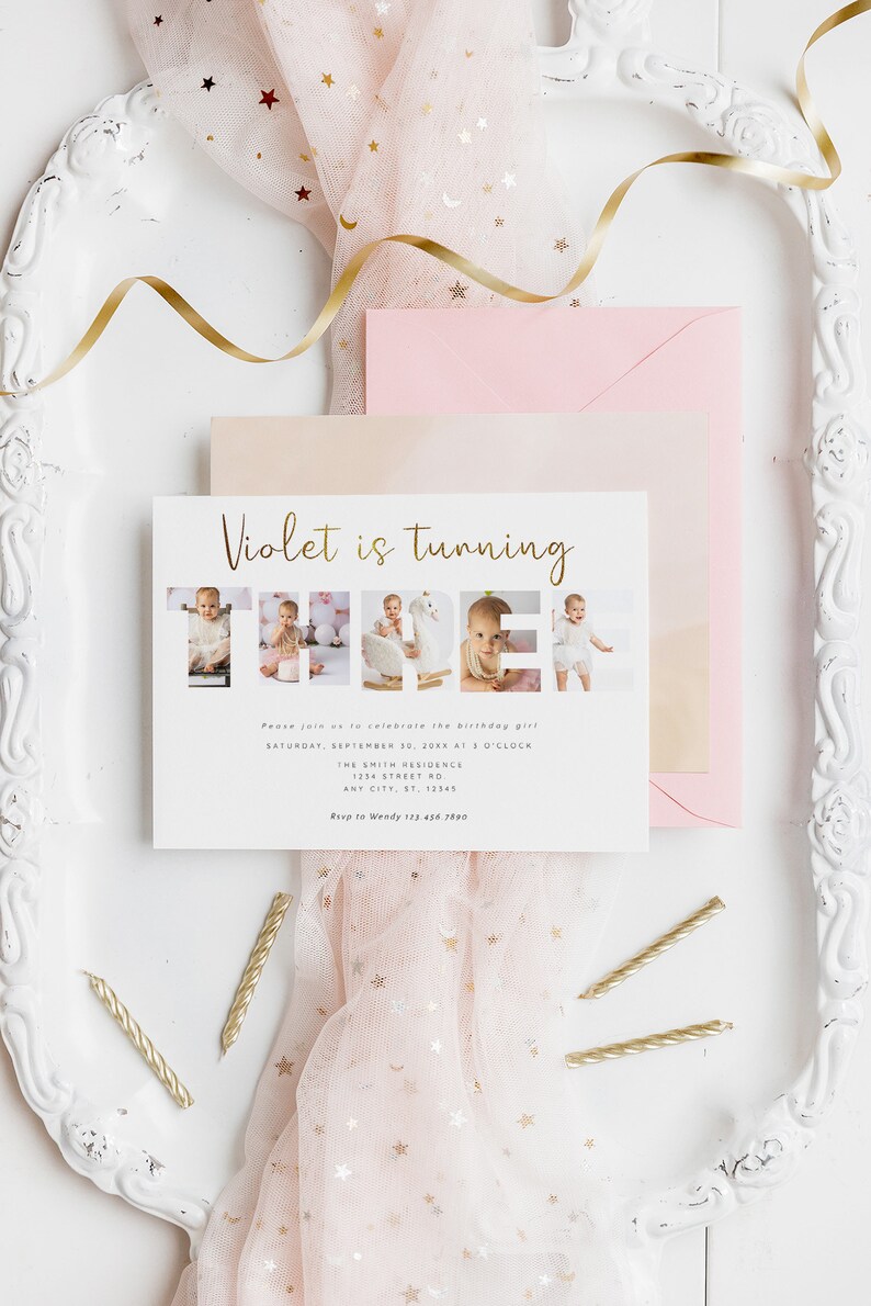 Editable Third Birthday Photo Invitation Photo's in Text - Etsy