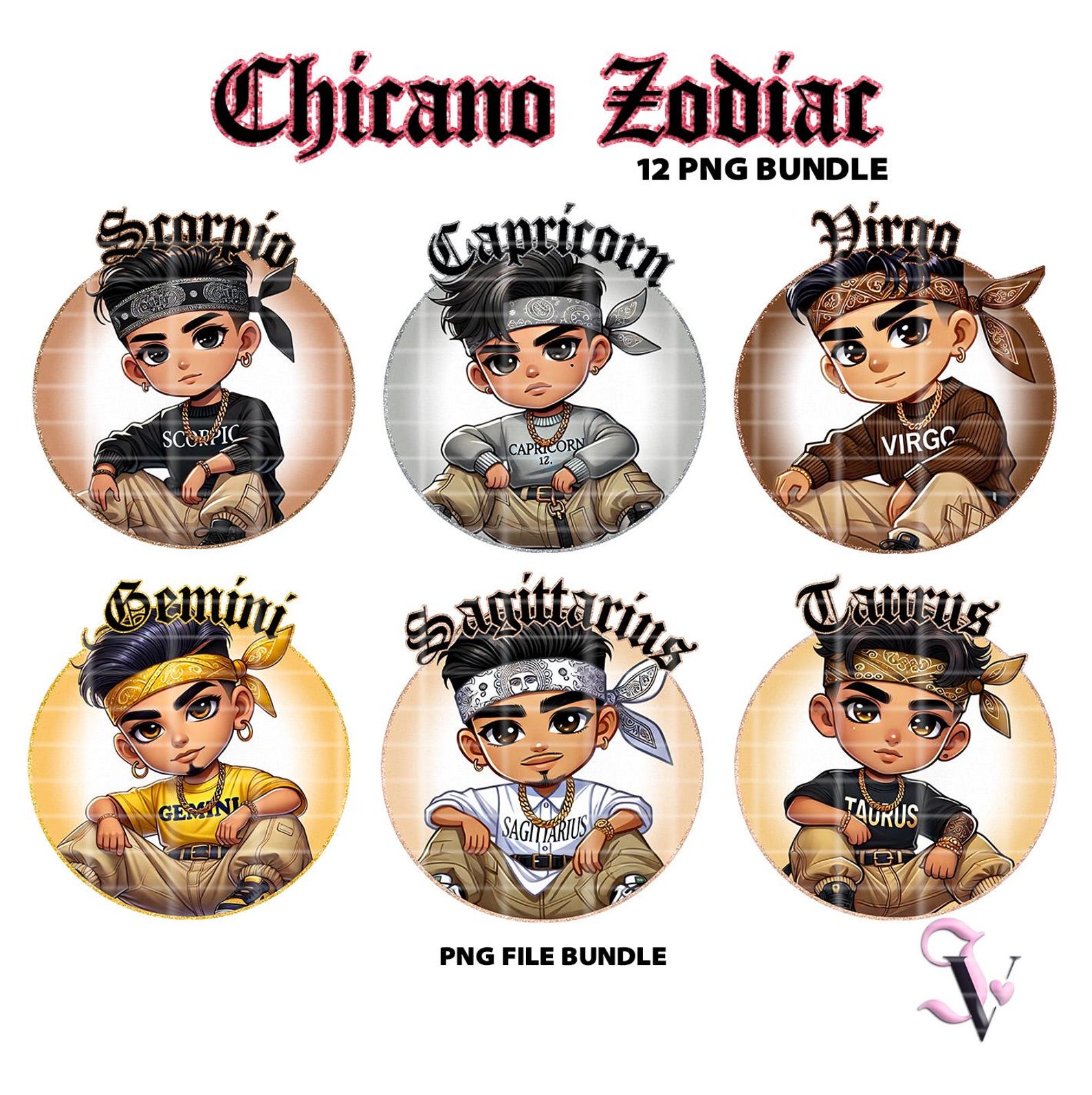 Chicano Zodiac Bundle Chicano Chibi Style Latino Shirt PNG for DTF ...
