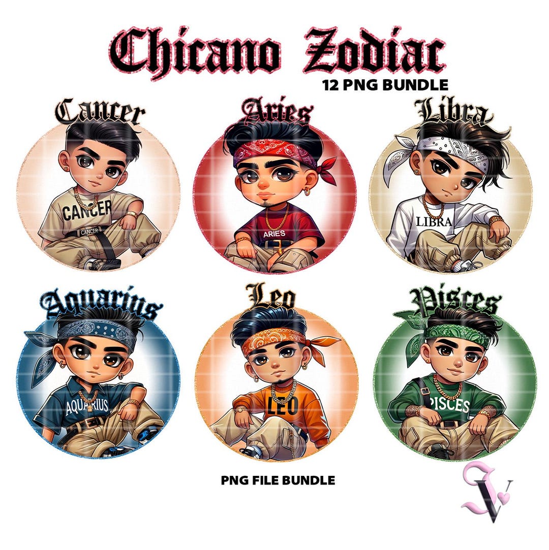 Chicano Zodiac Bundle Chicano Chibi Style Latino Shirt PNG for DTF ...
