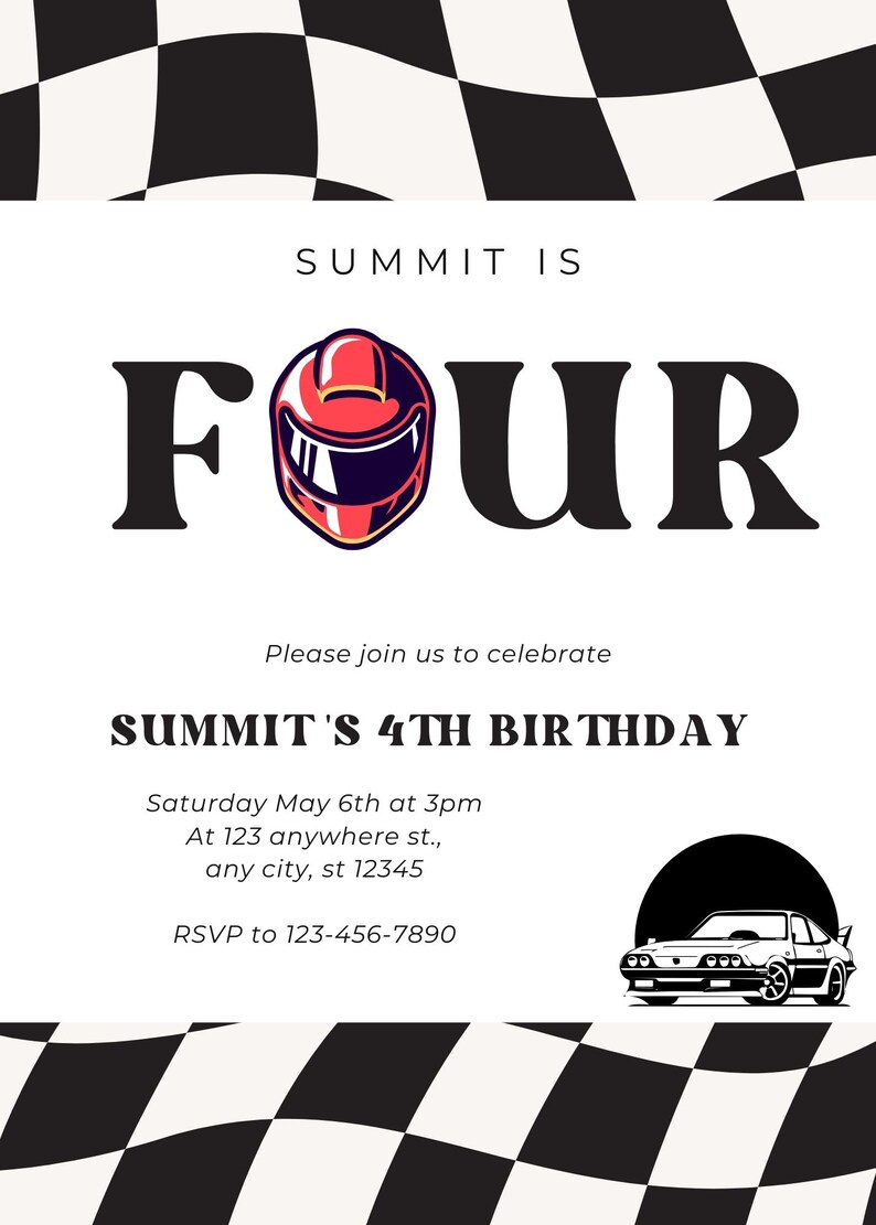 Boys Race Car Birthday Party Invitation, All Ages Race Car Boy Birthday ...