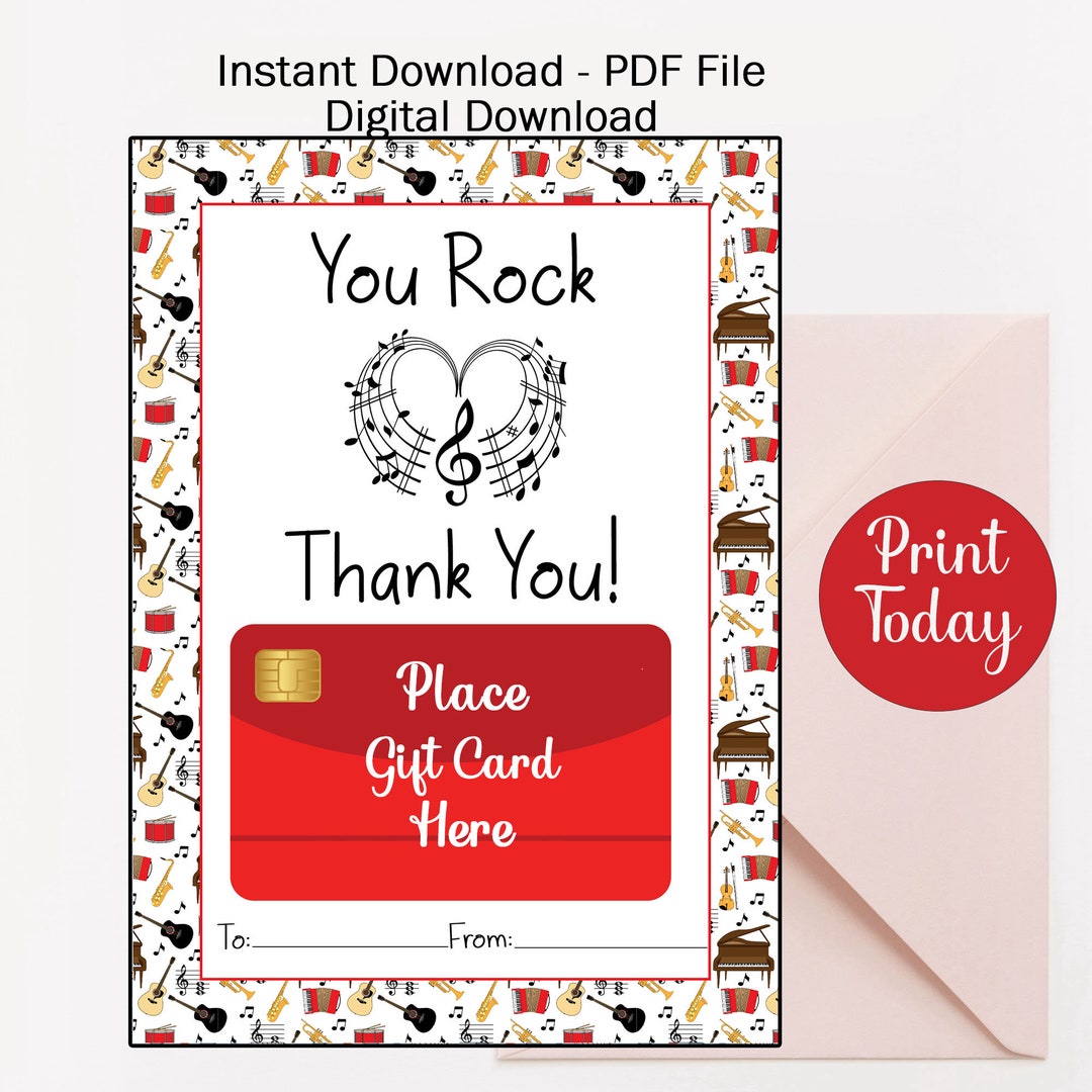 Printable Band Teacher Thank You Gift Card Holder, Music Gift Card, You ...