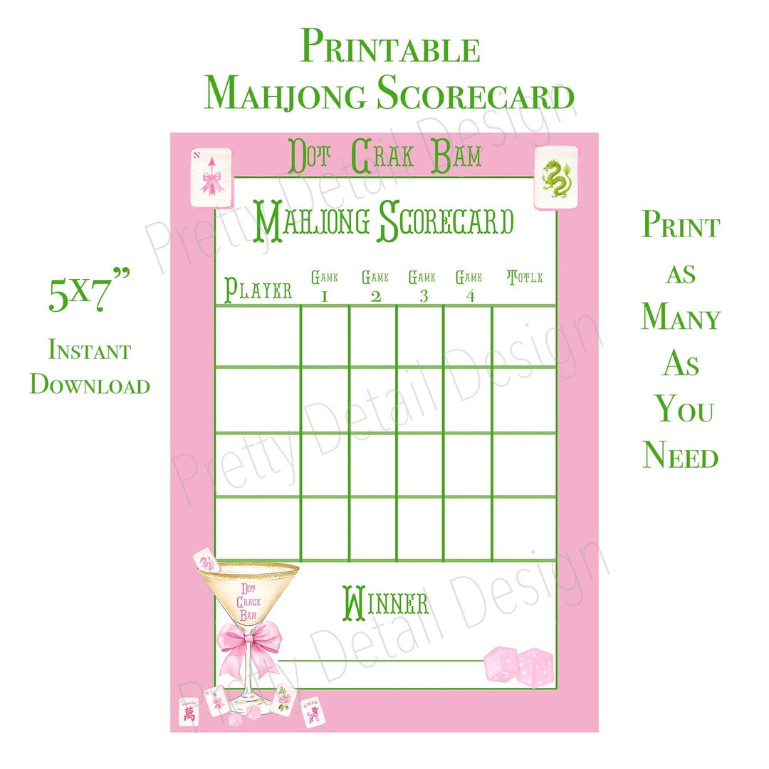 Printable Mahjong Scorecard, 5x7" Game Night Score Sheets, JPEG & PDF ...