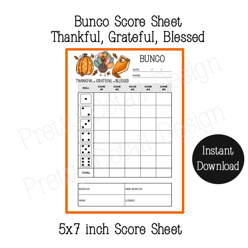 Printable Bunco Thanksgiving Scorecard, Score Sheet, Bunko Party, Fall ...